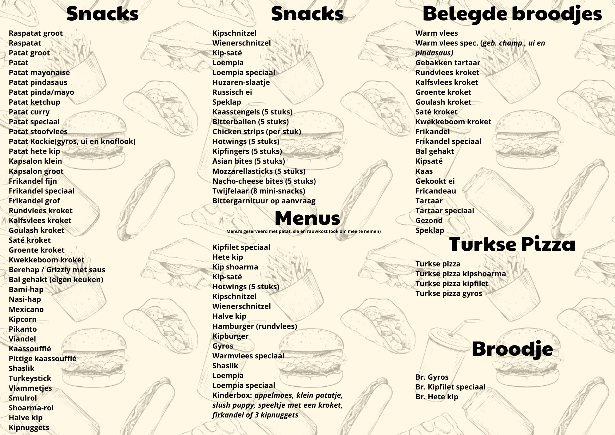 snackbar delft, Kockie, snackbar kockie - Menu