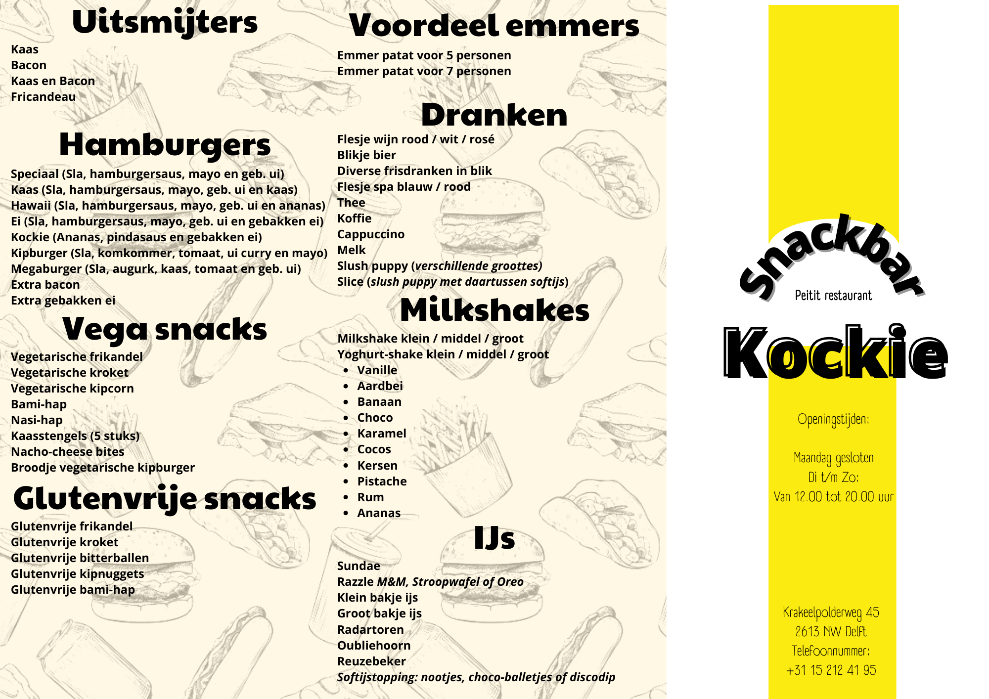 snackbar delft, Kockie, snackbar kockie - Menu